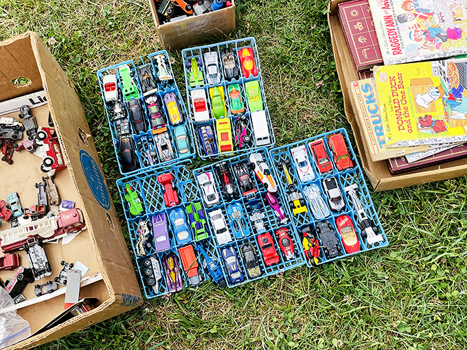 Miniature car collections arranged with surprising precision – childhood dreams organized in plastic dividers, each tiny vehicle holding outsized memories.