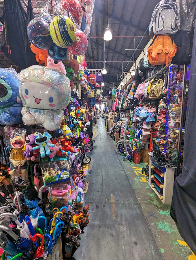 Toy alley stretches into infinity, where plush characters and plastic treasures create a wonderland that would make any inner child squeal with delight.