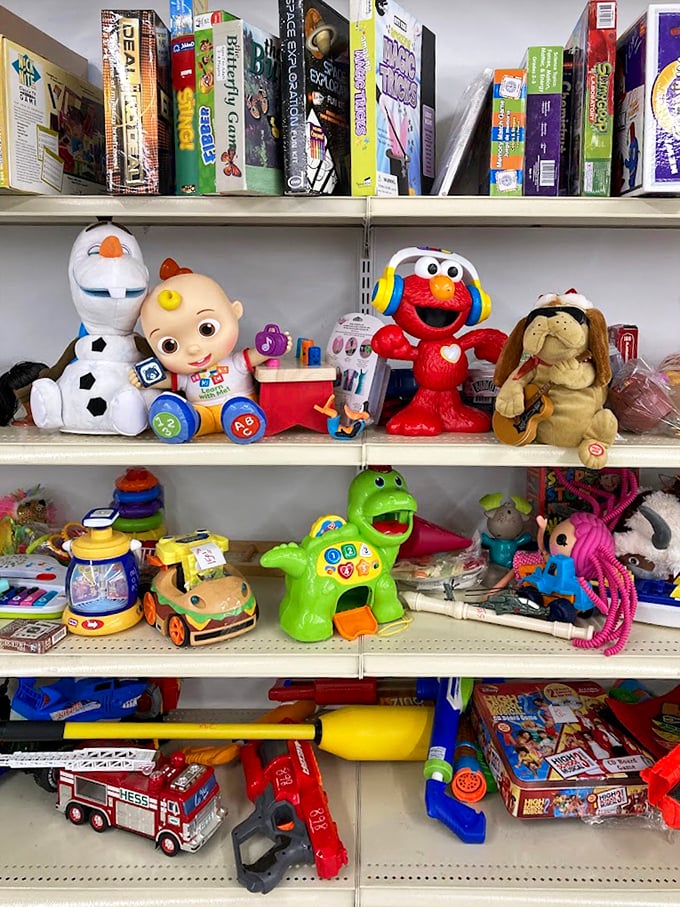 A toy shelf reunion where Olaf, Elmo, and friends patiently wait for new homes and sticky-fingered admirers.