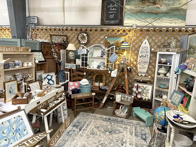 A coastal-themed booth where every item tells a story of salt air and seaside memories. Nautical Virginia comes alive in this carefully curated corner.
