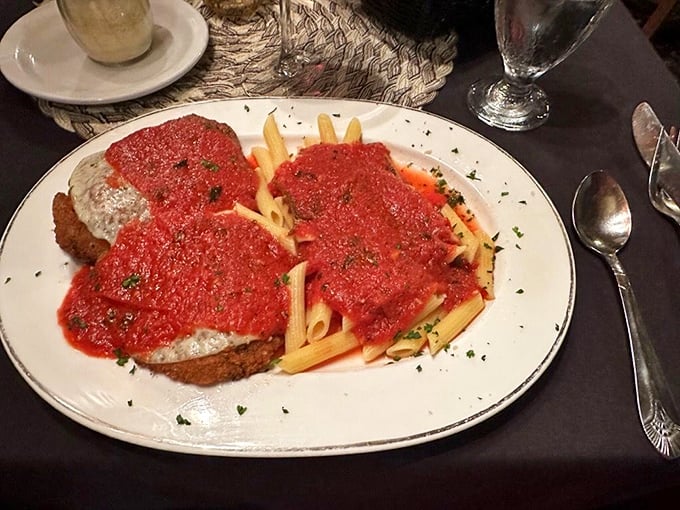 Veal parmigiana that doesn't know the meaning of restraint&mdash;tender cutlets swimming in marinara with penne pasta playing the perfect supporting role.