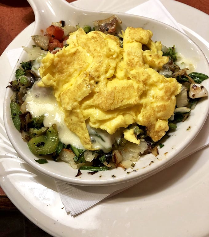 A veggie skillet that proves vegetables can party too &ndash; crispy potatoes beneath, fluffy eggs above, and a vegetable fiesta in between.