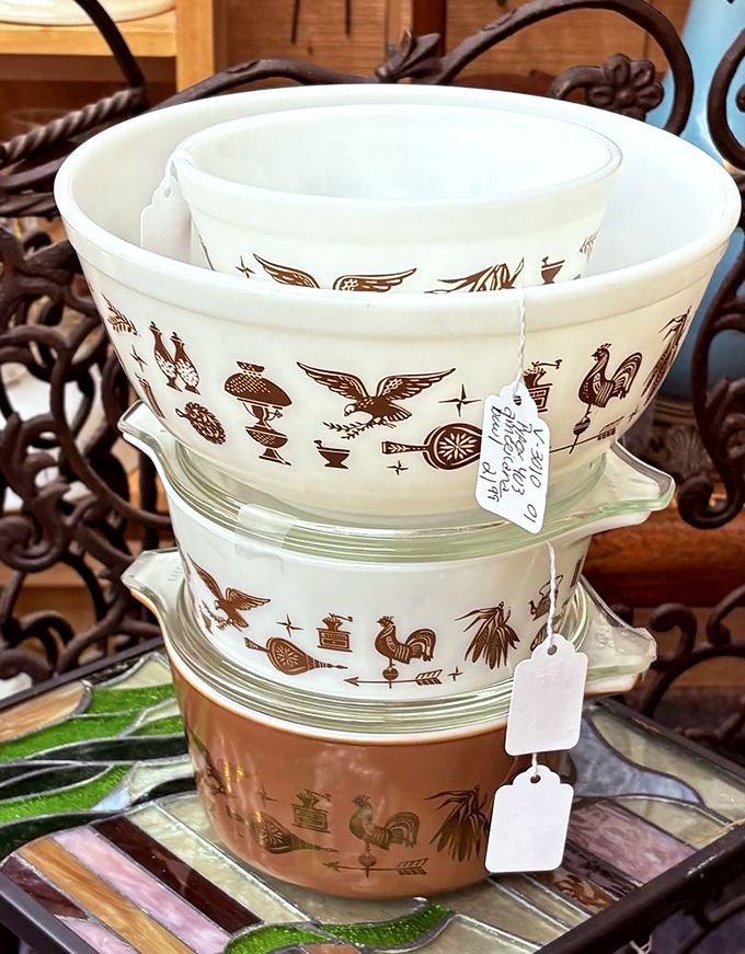 Pyrex bowls with Early American rooster patterns&mdash;the unsung heroes of countless Thanksgiving dinners and church potlucks across Georgia.