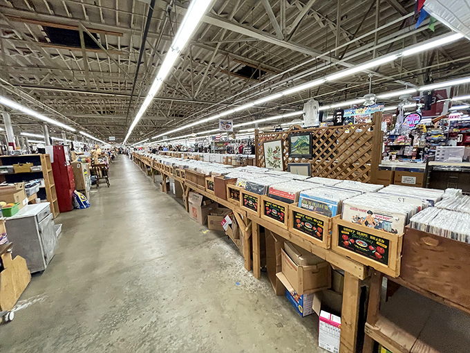 Vinyl heaven for music lovers! Each record sleeve tells two stories: the music inside and the journey that brought it to this wooden bin.