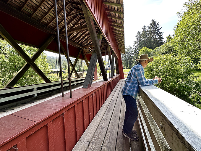 Taking a moment to appreciate the view from the pedestrian walkway&mdash;where time slows down and the rushing world outside seems wonderfully distant.