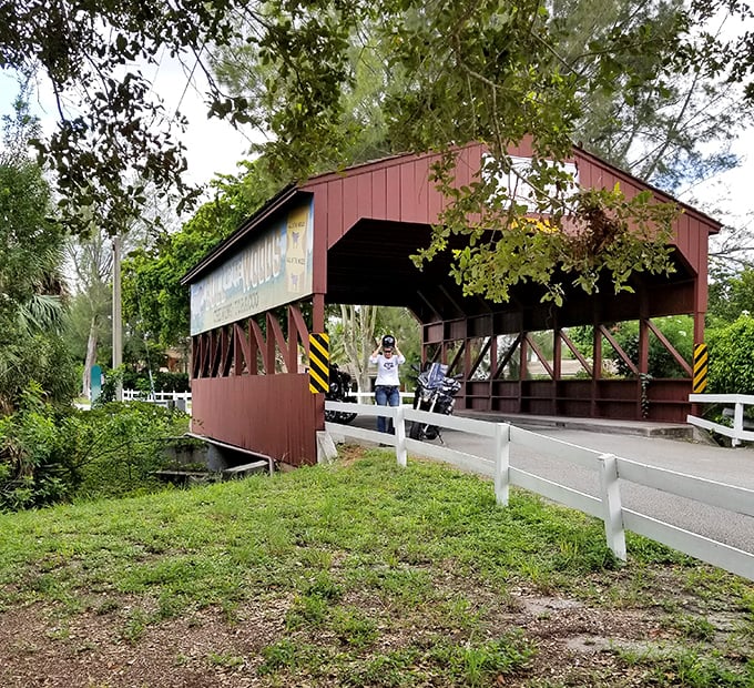 Visitors passing through this wooden time portal experience a brief, magical transportation to New England, all without suffering through a Northeast winter. 