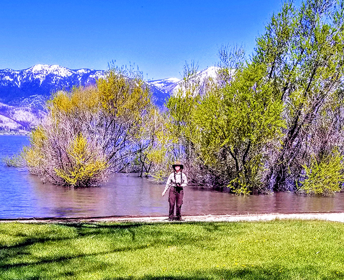 Spring brings the wetlands to life as vibrant greenery creates a striking contrast against the mountains. A peaceful moment in nature's theater.
