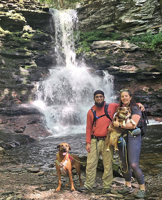Adventure is better when shared&mdash;especially with four-legged hiking buddies. These waterfall explorers found the perfect backdrop for their family portrait.