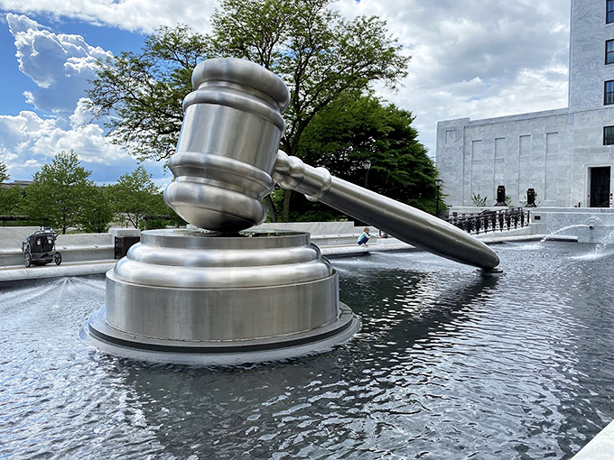When summer heats up Columbus, the reflecting pool surrounding the gavel offers both visual drama and a refreshing splash of urban coolness.