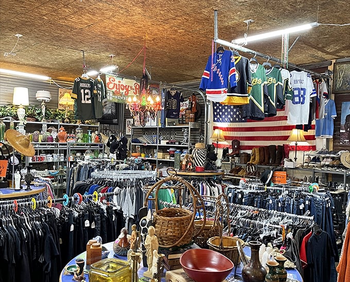 Sports jerseys hang like retired numbers in this hall of fame for second chances, where yesterday's impulse buys become tomorrow's vintage finds.