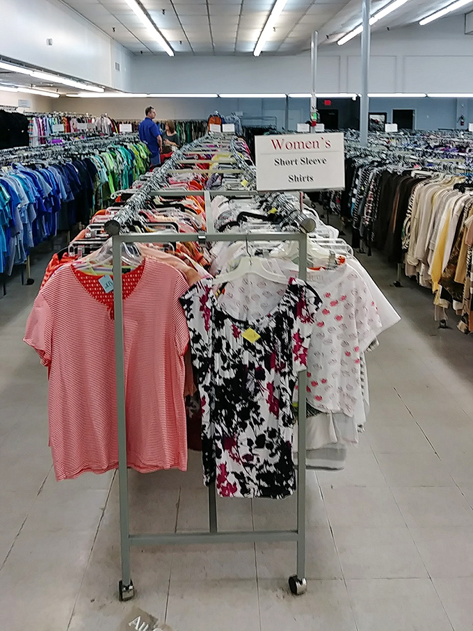 The women's section is organized with military precision, proving that second-hand shopping can be both chaotic treasure hunt and methodical expedition.