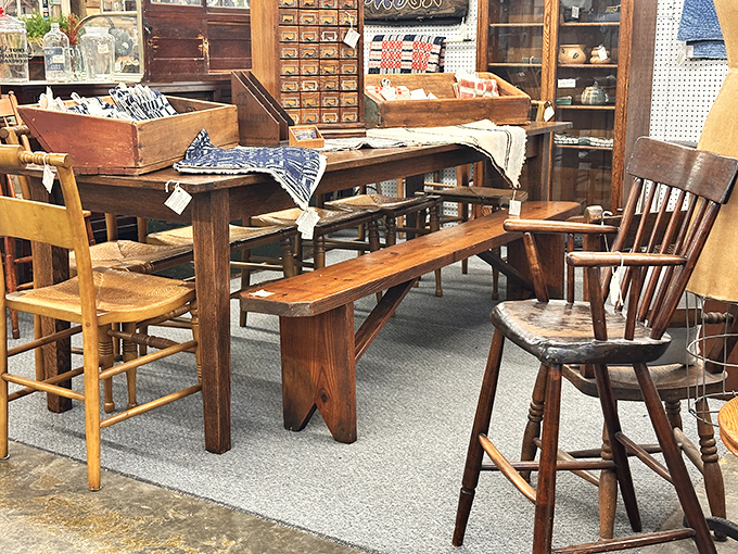 Rustic farm tables and mismatched chairs create the perfect setting for imaginary dinner parties with guests from different centuries.