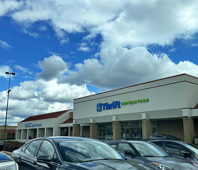 Columbia's 2nd Ave Thrift Superstore stands ready for treasure hunters on a cloudy Maryland day.