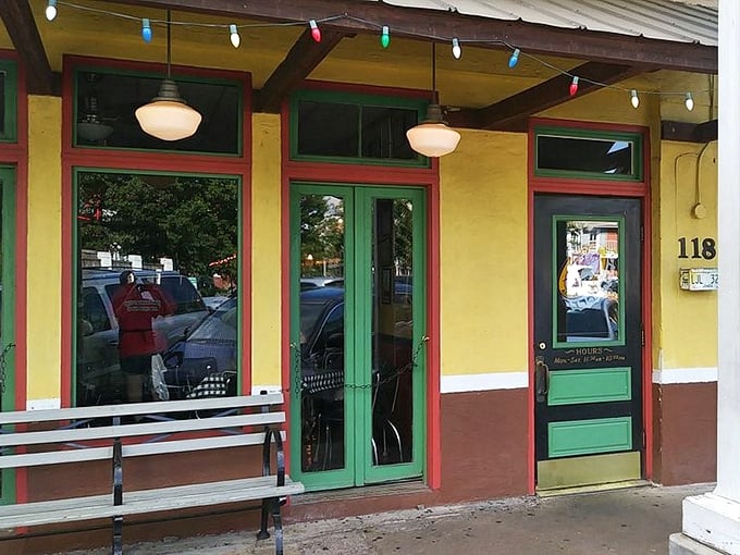 That cheerful yellow storefront promises the kind of breakfast that brightens any college town morning.
