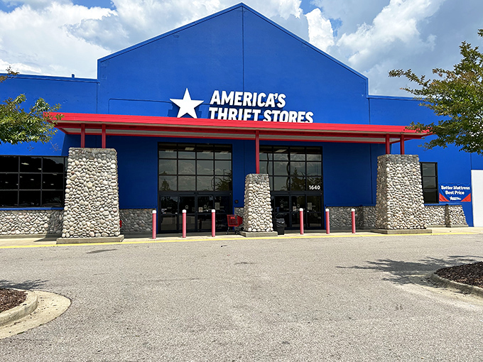 Opelika's thrift paradise sits ready with that distinctive blue facade that signals serious bargain hunting ahead.