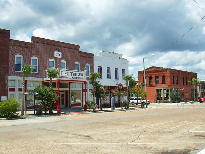 Showtime in seafood country! The historic Dixie Theatre anchors Apalachicola's downtown like a cultural lighthouse amid oyster territory.