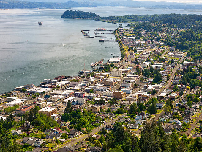 Astoria spreads across hillsides overlooking the Columbia River, a colorful patchwork of history where two states meet.