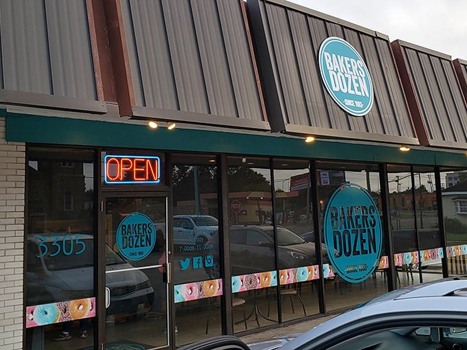 Baker's Dozen keeps it simple outside so they can focus on donut magic inside. That turquoise sign promises sweet treasures await.