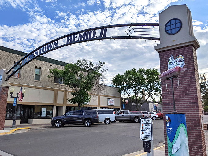 Downtown Bemidji rolls out the welcome mat with that famous arch, promising affordable adventures in Paul Bunyan country.
