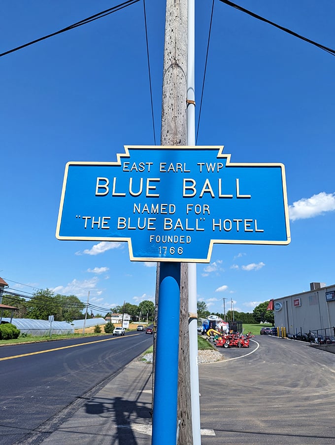 Blue Ball's famous blue sign &ndash; proof that sometimes the simplest town names have the most colorful stories.