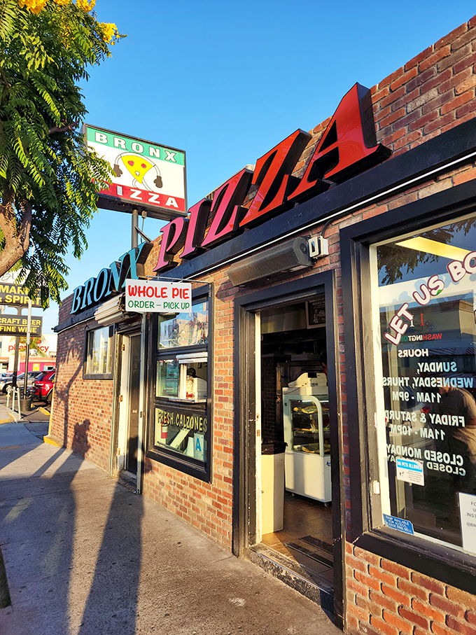 Bronx Pizza brings New York attitude to sunny San Diego. That brick facade houses thin-crust magic worth the trip.
