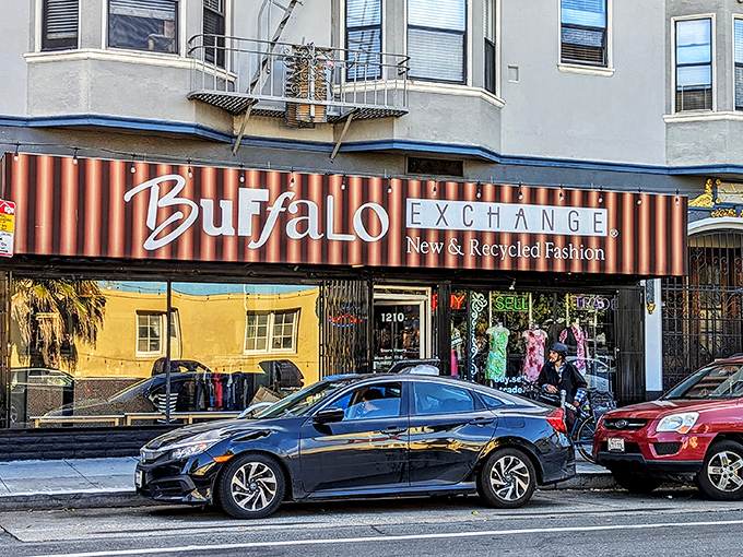 Buffalo Exchange's striped awning adds a touch of vintage charm to this San Francisco secondhand fashion destination.