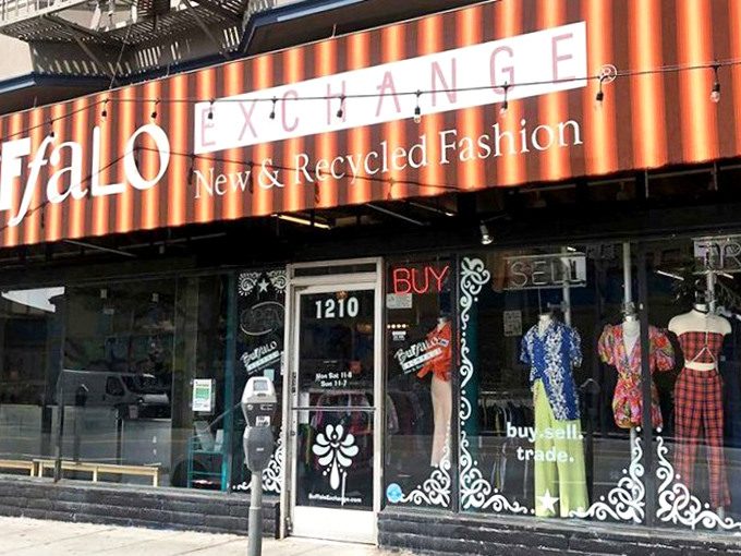 Buffalo Exchange's hip Valencia Street storefront whispers of curated vintage finds and fashion-forward secondhand treasures within.