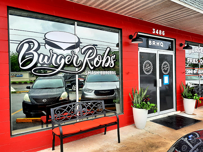BurgerRobs' vibrant red storefront practically shouts "smash burgers ahead!" A bench outside invites you to sit and savor.