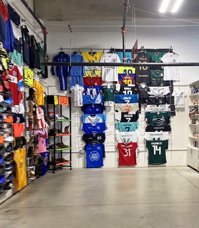 Soccer fantasy league come to life! A rainbow wall of jersey dreams where you can channel your inner Messi or Ronaldo without the million-dollar contract.