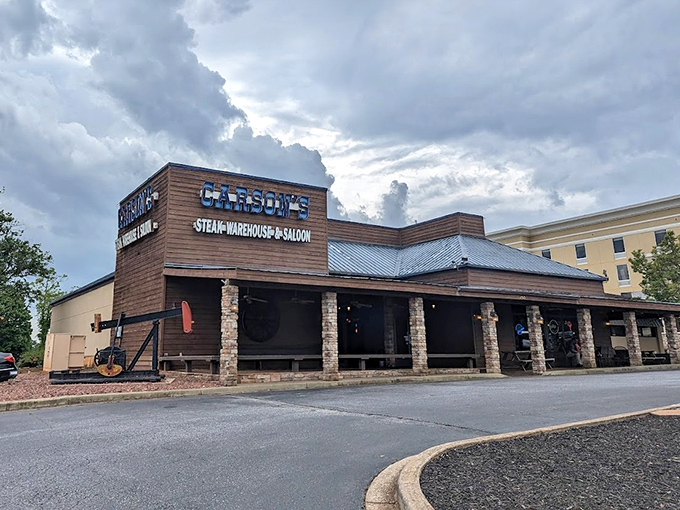 Carson's rustic wood-and-stone exterior channels old Western saloons—minus the gunfights, plus incredible steaks. Saddle up for flavor!