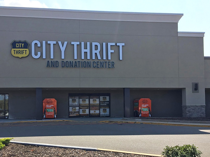 City Thrift isn't kidding around&mdash;this place is massive! Those donation bins hint at the fresh treasures arriving daily.