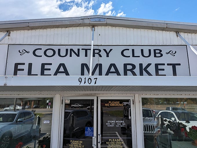 Country Club Flea Market's clean exterior hints at organized treasures waiting inside those doors.