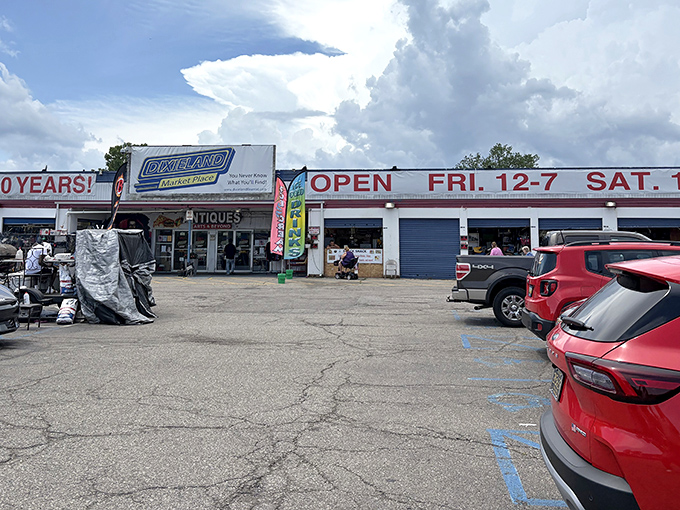 Classic flea market architecture - where industrial buildings become palaces of second-hand dreams and vintage finds.