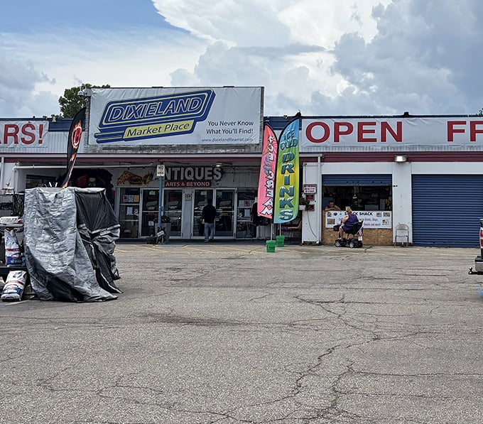 The Dixieland sign beckons like a friendly lighthouse, guiding bargain hunters to their next great discovery adventure.
