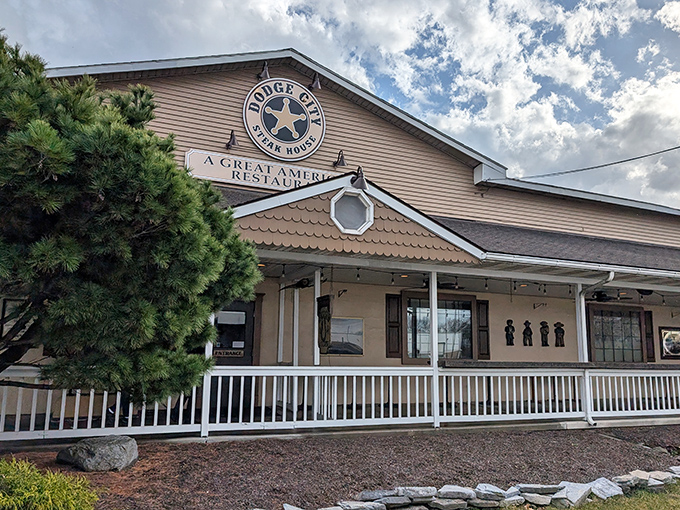 Dodge City's Western-themed entrance sets the stage for a prime rib experience that would make even John Wayne tip his hat.