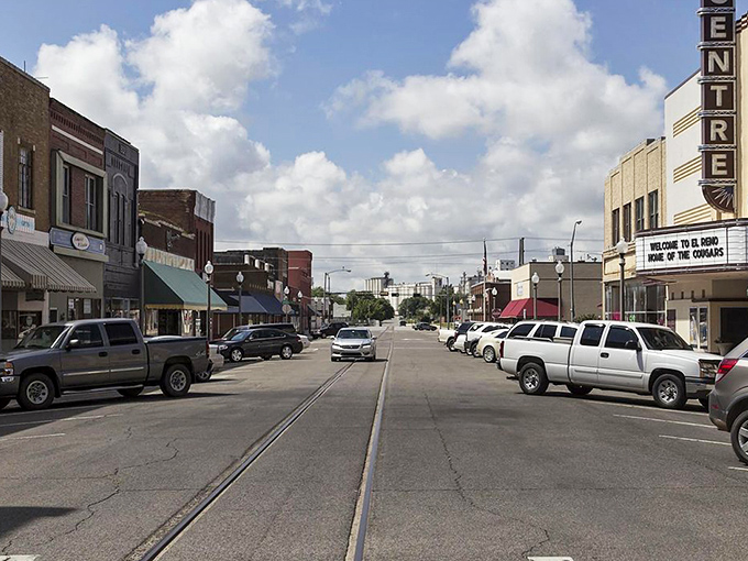 El Reno's Main Street stretches wide enough for cattle drives but perfect for leisurely afternoon strolls today.