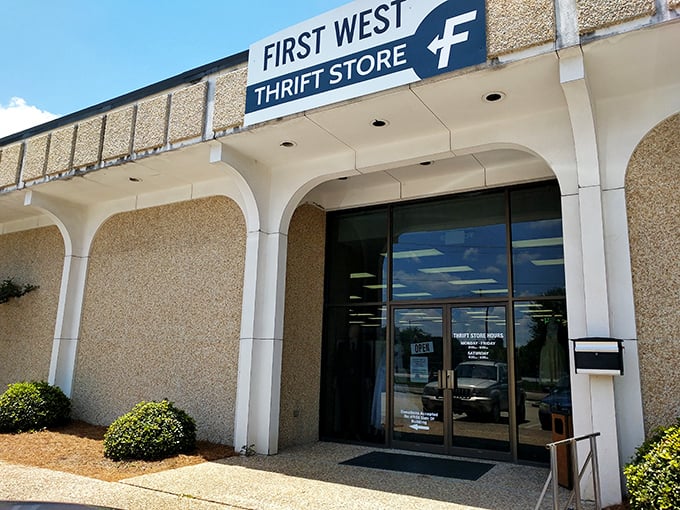 First West's understated entrance hides big surprises - sometimes the best thrift stores don't need flashy signs.
