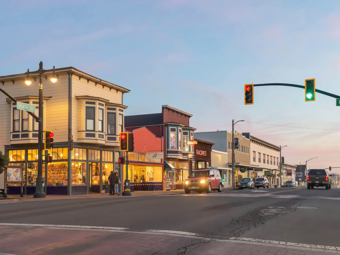 Fort Bragg's colorful downtown streets invite leisurely strolls between Victorian-era architectural gems.