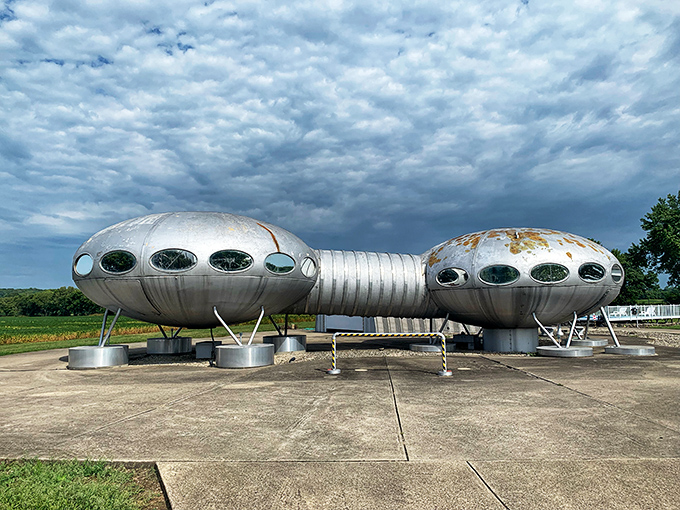 Is it a spaceship? A vacation home? Both? This silver UFO-shaped Futuro House looks ready for interstellar travel.