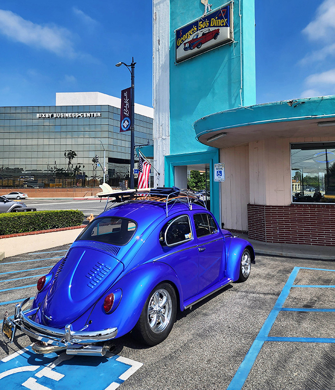 That brilliant blue Beetle parked outside George's is the perfect appetizer for the retro feast awaiting inside this turquoise time capsule.