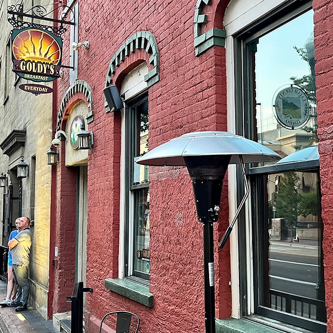 Downtown brick buildings house the best breakfast secrets - this one's hiding in plain sight. 