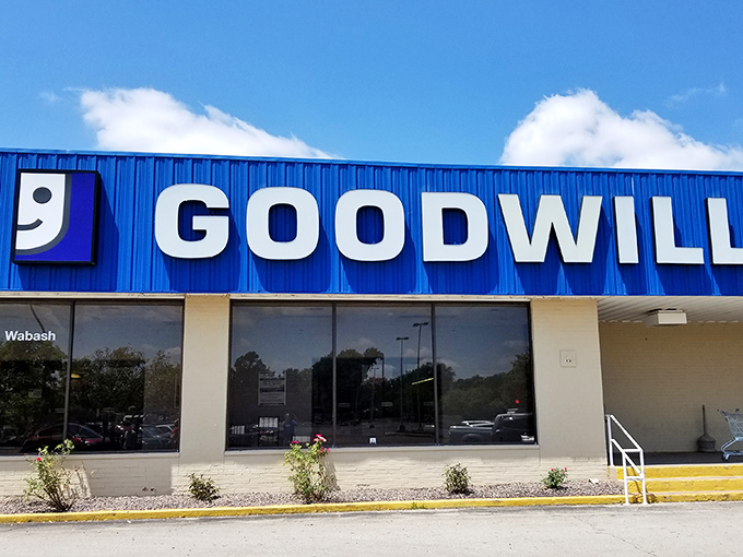 Goodwill's familiar blue beacon signals serious bargain hunting ahead - like a lighthouse guiding shoppers to incredible deals.