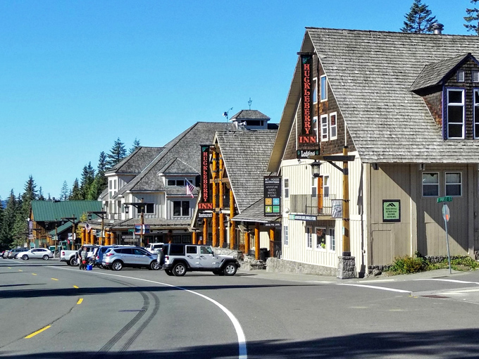 Government Camp embraces its alpine village identity with A-frame buildings and a cozy atmosphere that welcomes mountain adventurers.