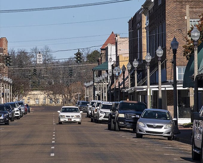 Greenwood's downtown invites you to park your car and explore on foot. The water tower in the distance stands guard over this Delta gem.