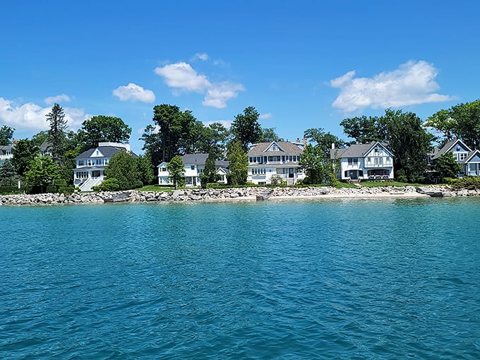Harbor Springs' main street slopes toward the water, giving you glimpses of the bay with every step.