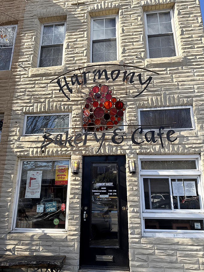 Harmony Bakery's gorgeous stone facade and stained glass heart hint at the love baked into every gluten-free treat inside.