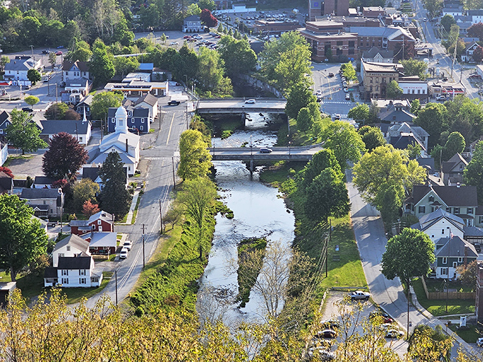 A bird's-eye view reveals this river town's perfect blend of small-town charm and natural beauty.