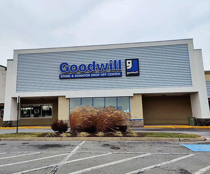 Goodwill's iconic blue sign promises an adventure in secondhand shopping. What will you discover today?