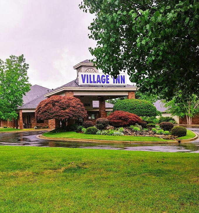 Village Inn dining where the landscaping is almost as appetizing as the menu.