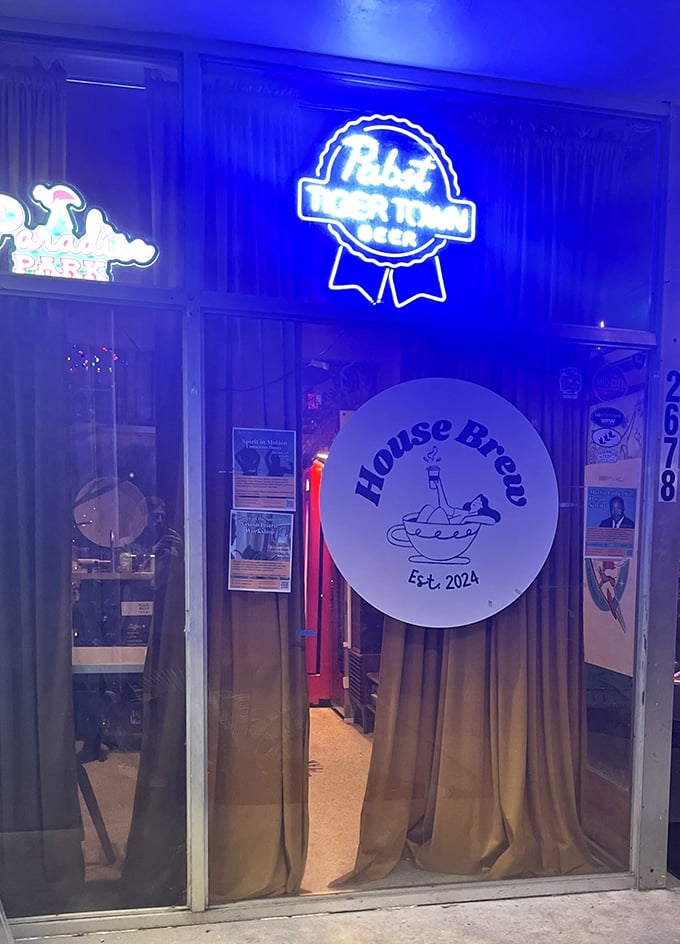 Blue neon and vintage vibes - this place knows how to make coffee culture look cool.